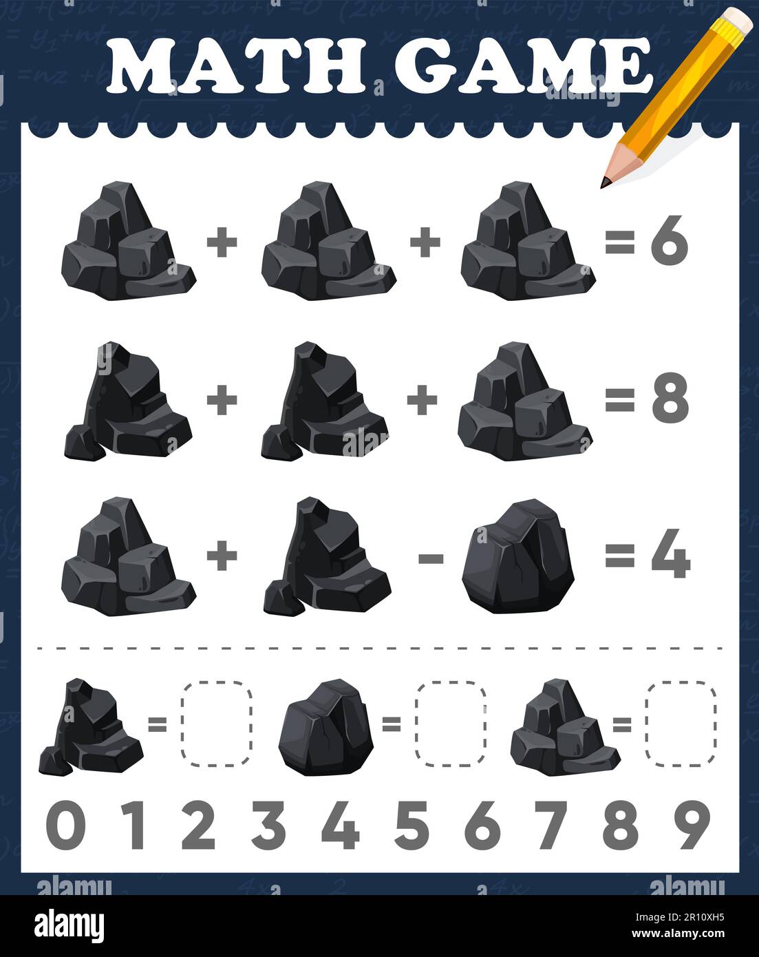 Cartoon coal and black charcoal in math game worksheet, vector ...