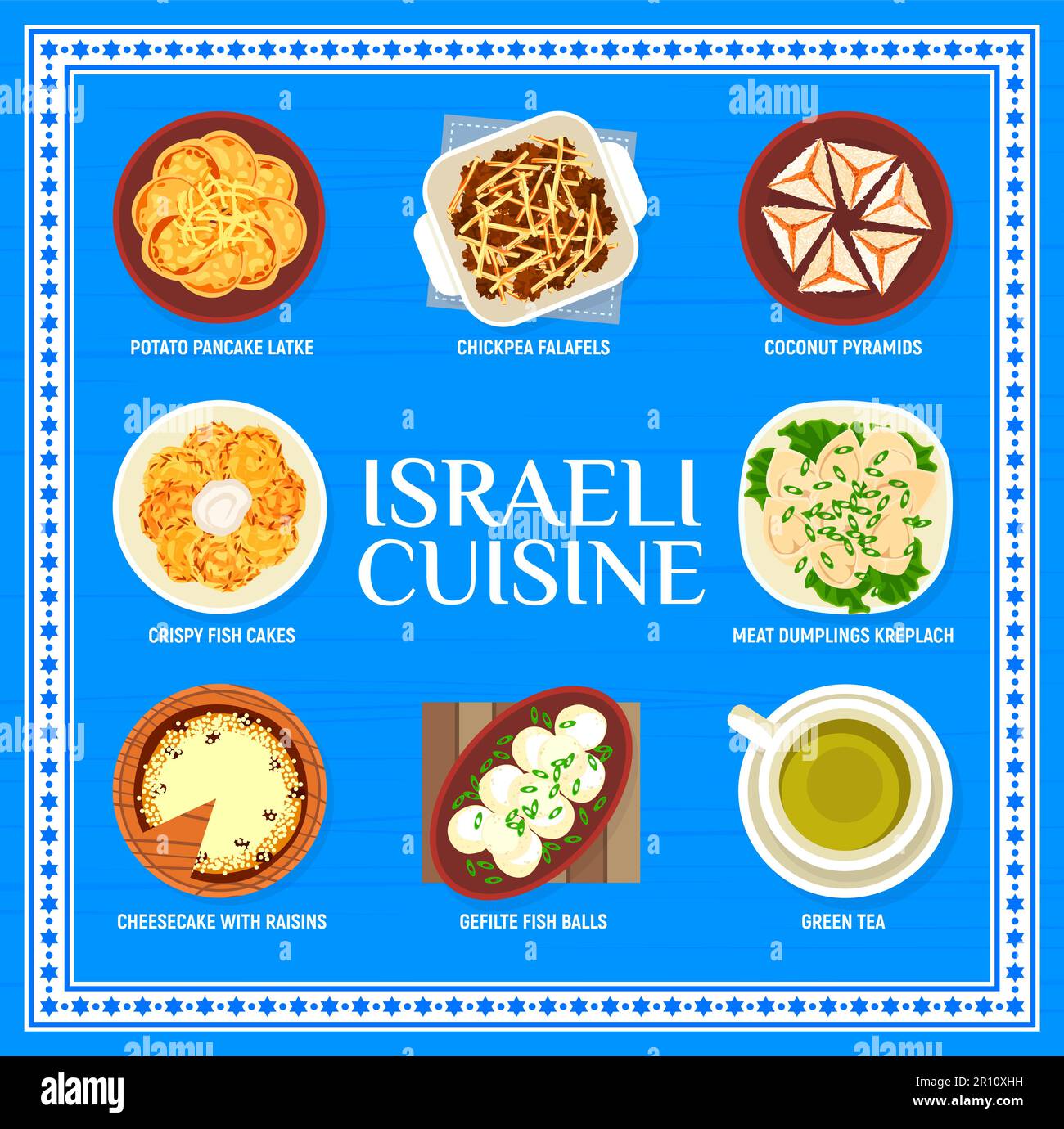 Israeli cuisine meals menu. Potato pancake Latke, chickpea falafels and ...