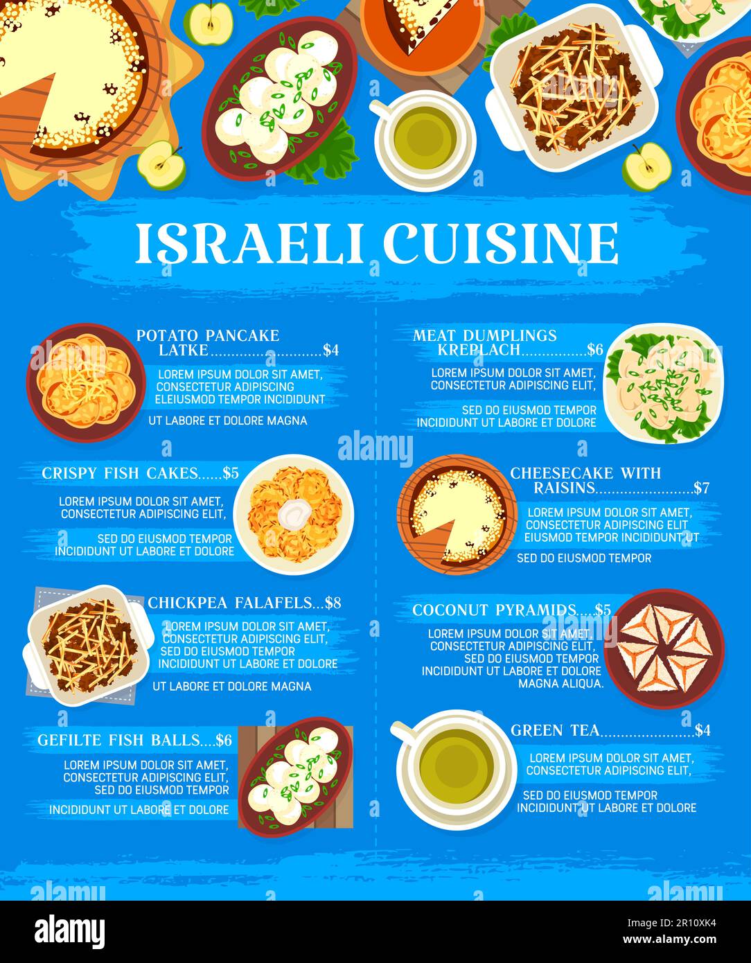 Israeli cuisine menu page template. Green tea, potato pancake latke and ...