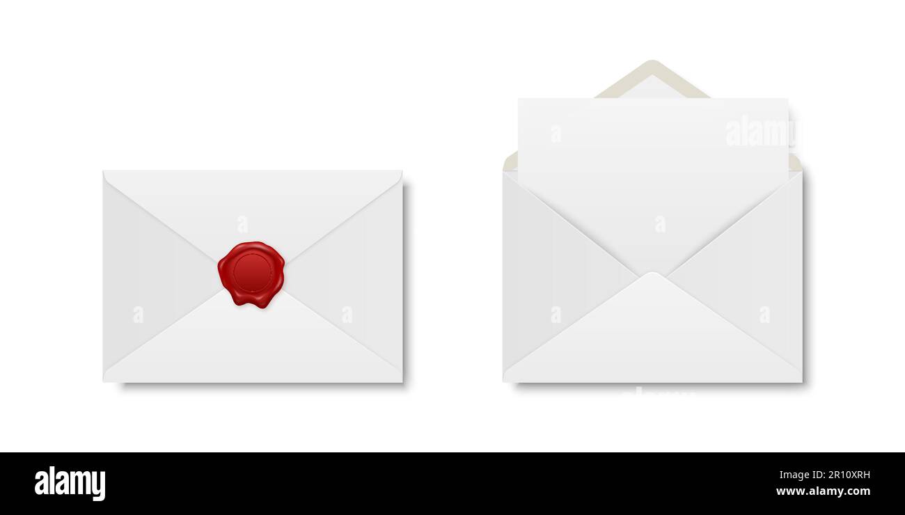 Vector Realistic White Closed Envelope with Red Wax Seal and Opened Envelope with Letter Inside ...