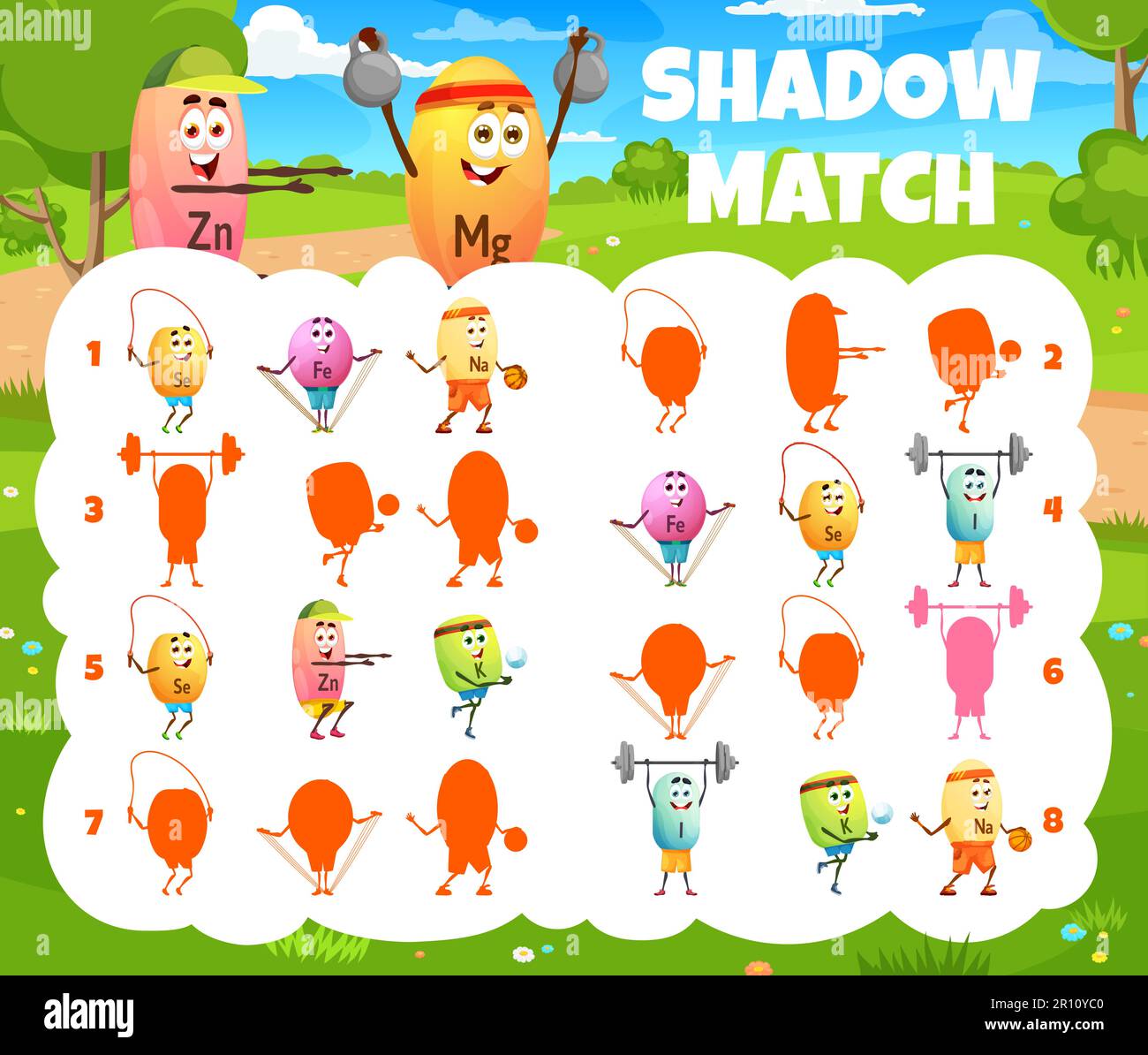 Shadow match game. Cartoon vitamin sportsman characters. Vector Zn, Mg ...