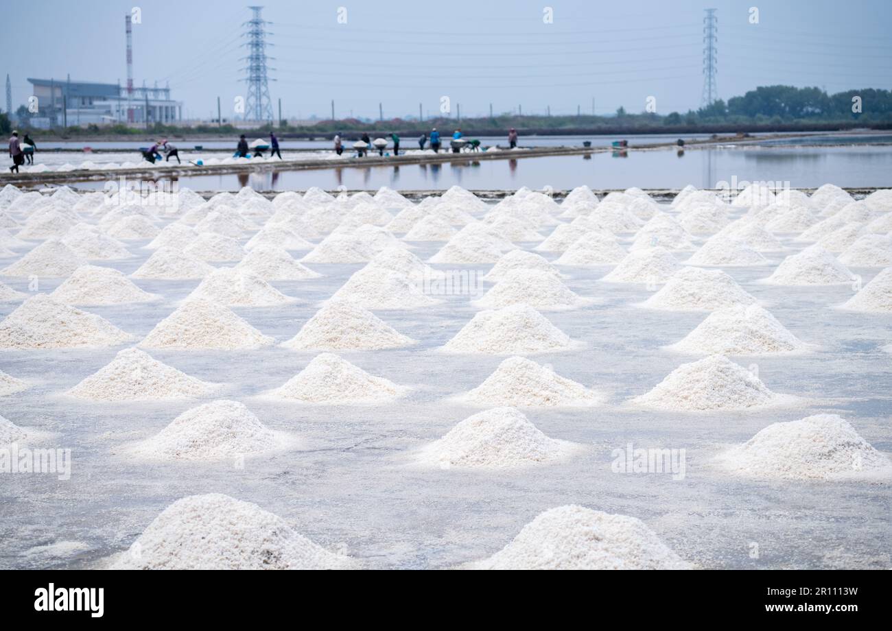 Sea salt farm and blur worker working on farm. Brine salt. Raw material ...