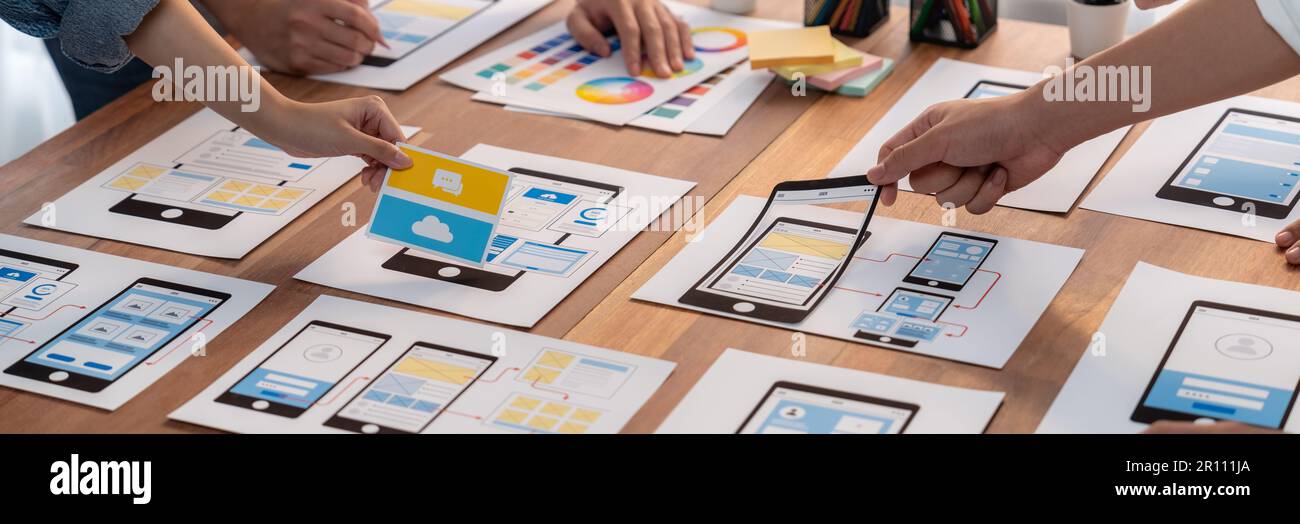 Panorama shot of front-end developer team brainstorming UI and UX ...