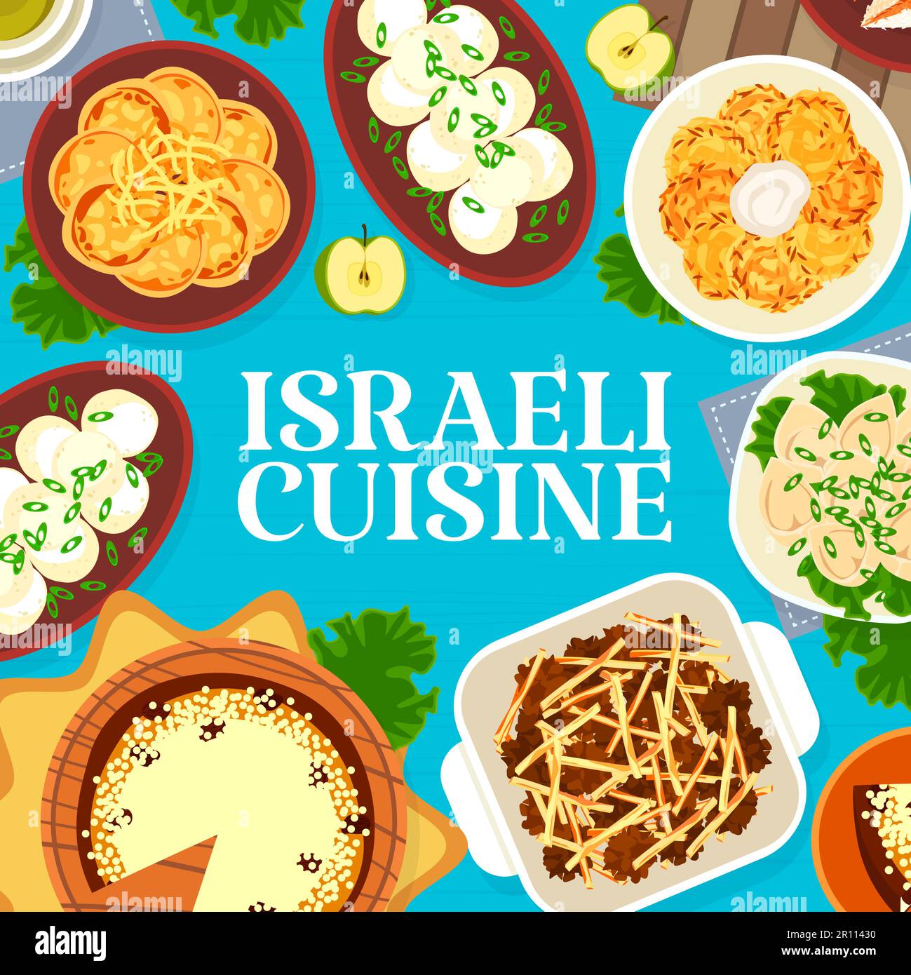 Israeli cuisine restaurant meals menu cover. Dumplings Kreplach, green ...
