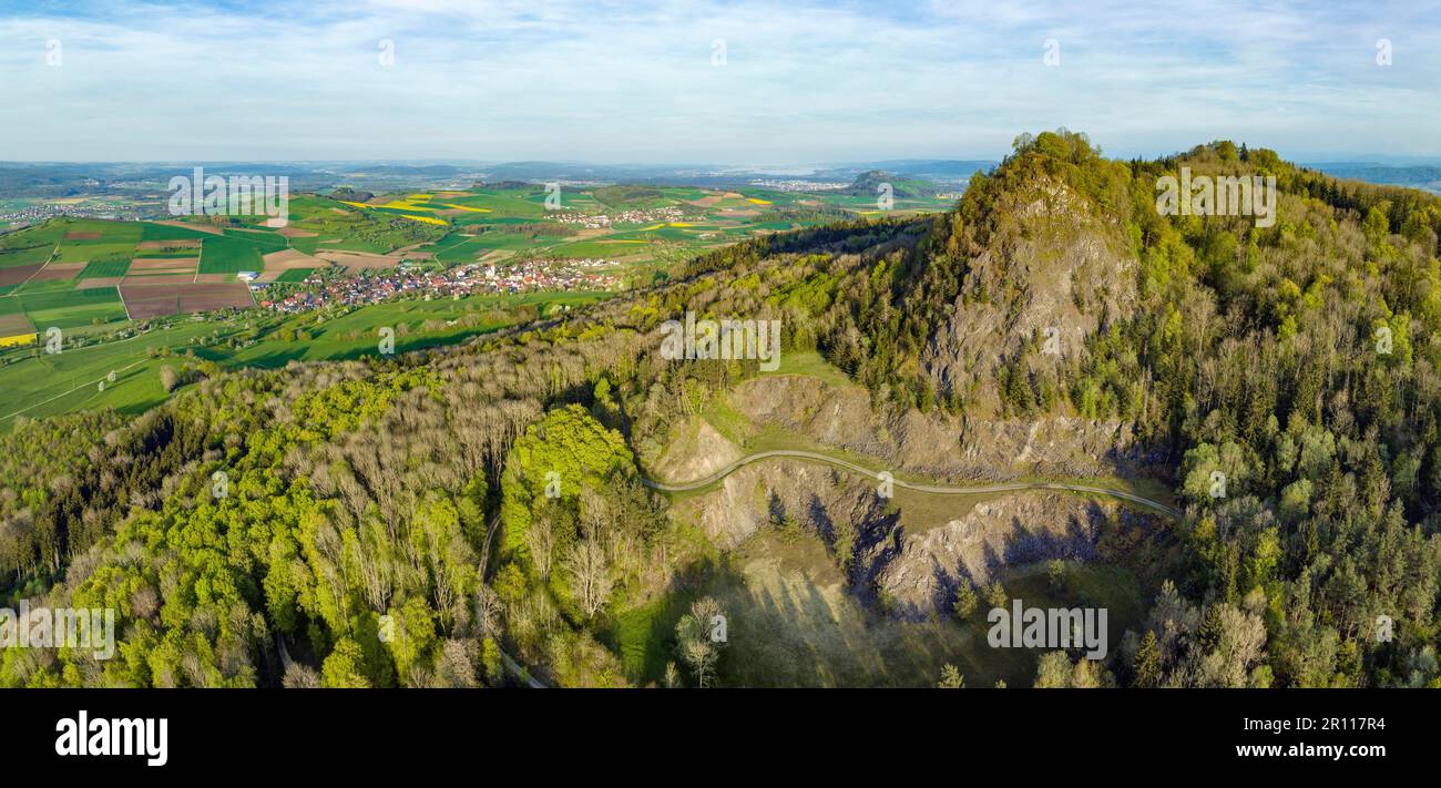 Aerial panorama of the former basalt quarry at the Hegau volcano ...
