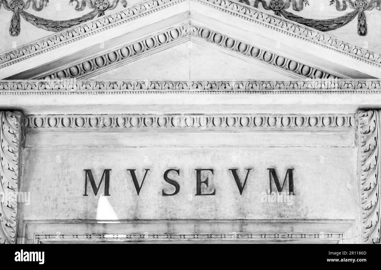 Entrance of an ancient museum, letters on original marble Stock Photo ...