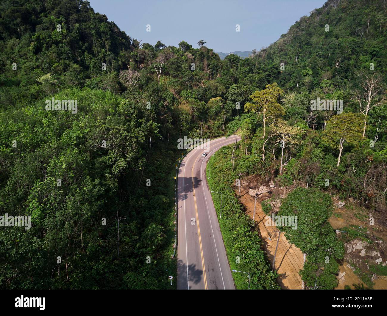 Aerial view of the asphalt road along the tropical forest in ...