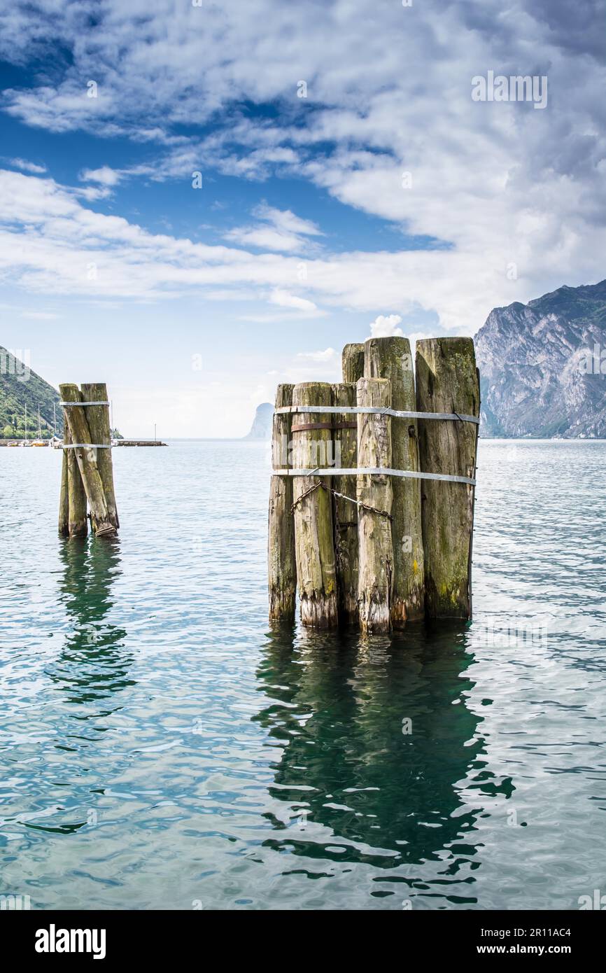 Wooden bollards in Lake Garda, Naag-Turbel, Trentino-Suedtirol, Italien ...
