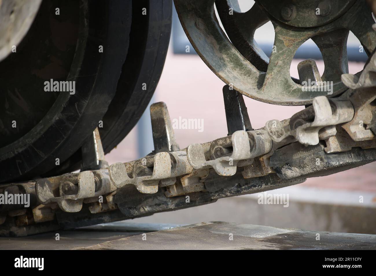 Military tank continuous track in close up low angle view Stock Photo ...