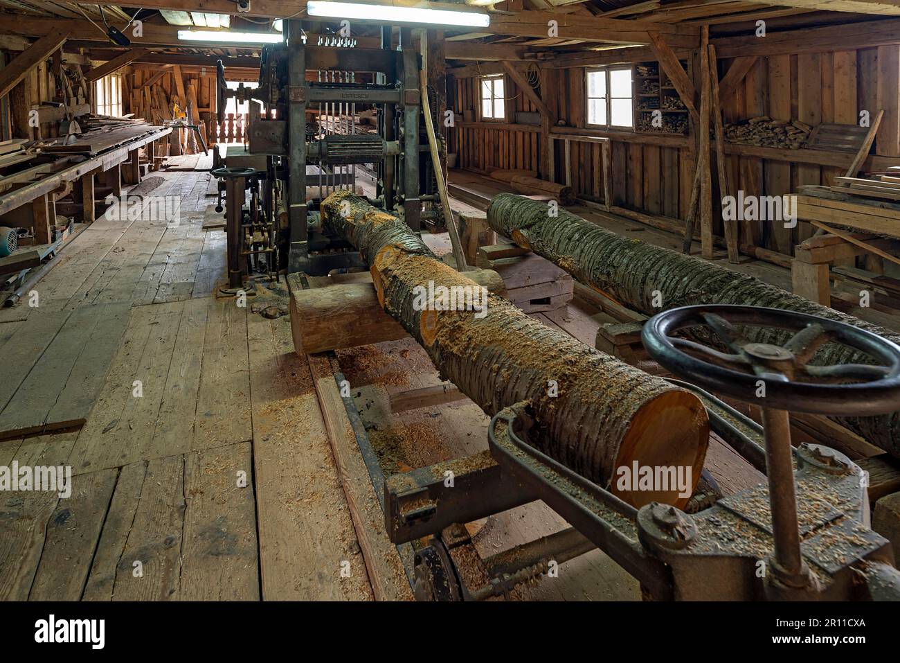 Gang saw in a historic sawmill built in 1870, still in operation, Upper ...