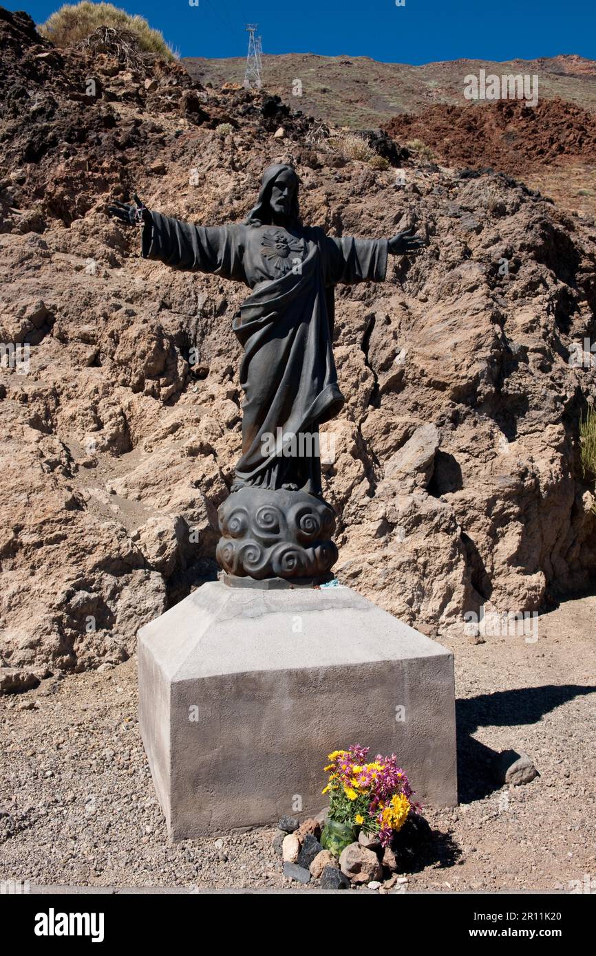 Christ statue next to cable car station on Teide, Tenerife, Spain ...