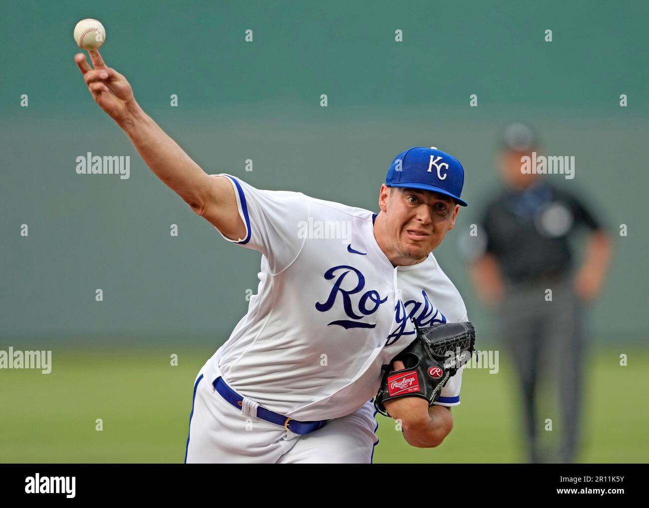 MAY 10, 2023: Kansas City Royals starting pitcher Brad Keller (56) delivers a pitch at Kauffman ...