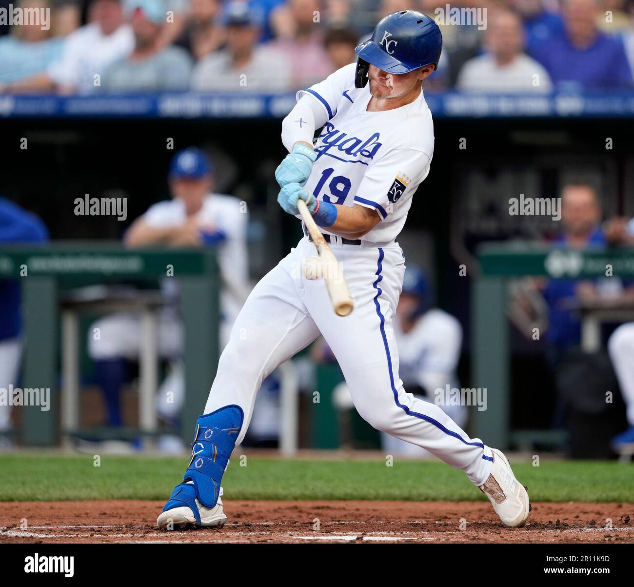 MAY 10, 2023: Kansas City Royals second baseman Michael Massey (19) drives an RBI single in the ...
