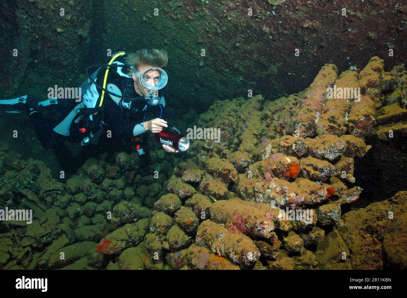 Divers and shells in wreck Umbria, military freighter, freighter, sunk ...