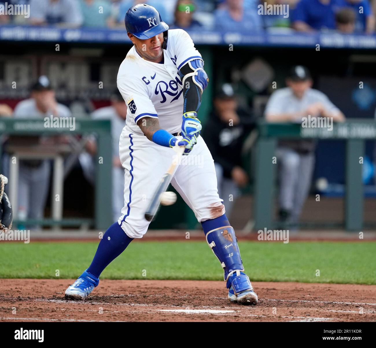 MAY 10, 2023: Kansas City Royals catcher Salvador Perez (13) drives a ...
