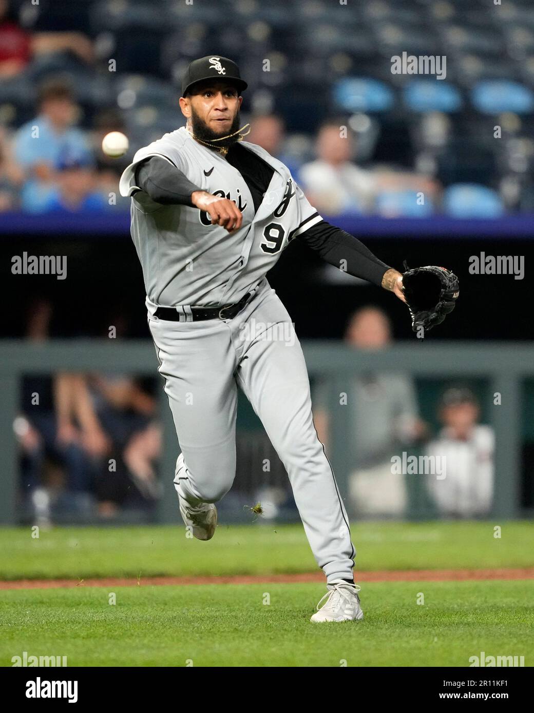 MAY 10, 2023: Chicago White Sox relief pitcher Keynan Middleton (99) makes a throw to first at ...