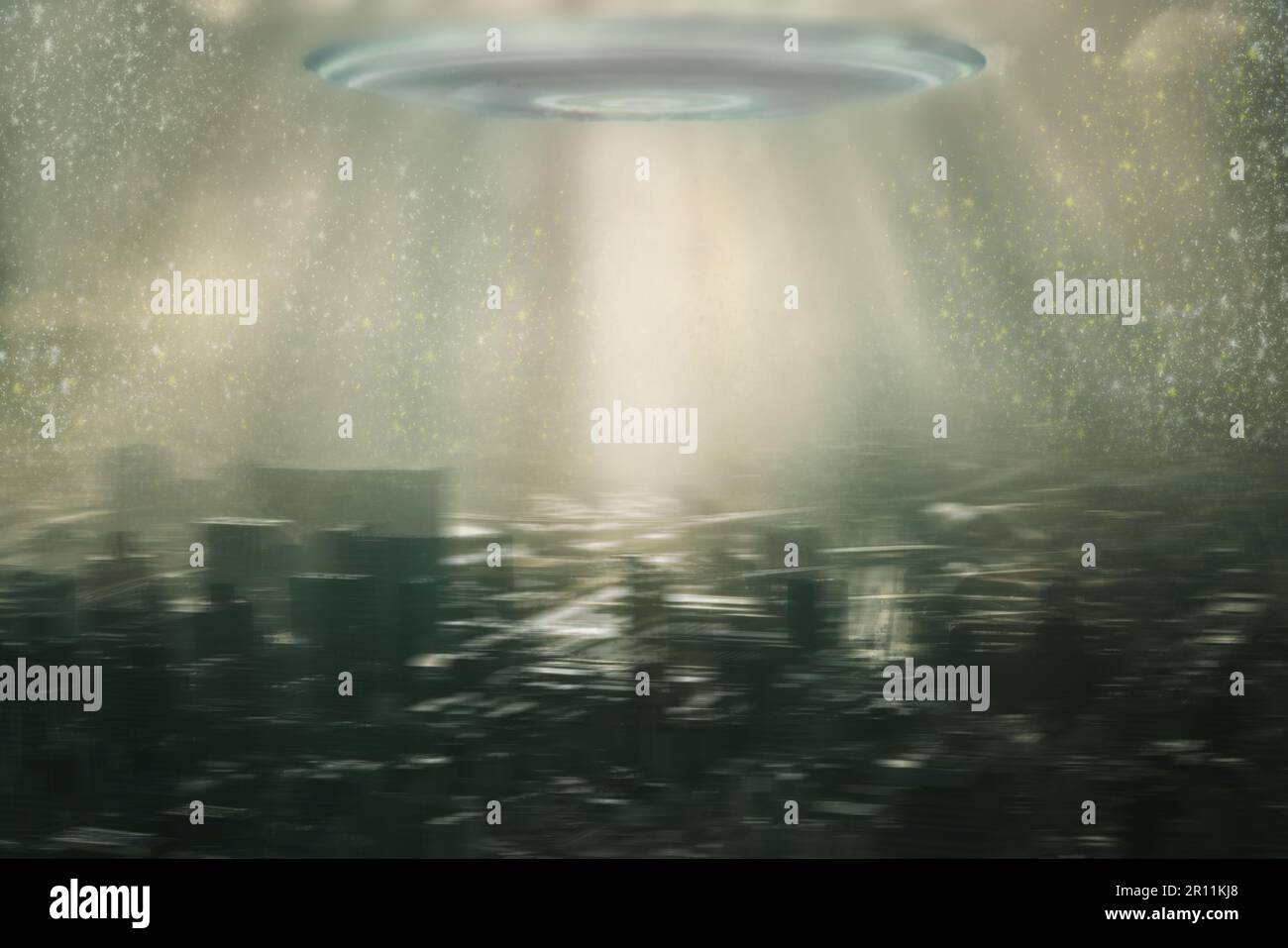 Sky, UFO and flying spaceship with lights over city for ...