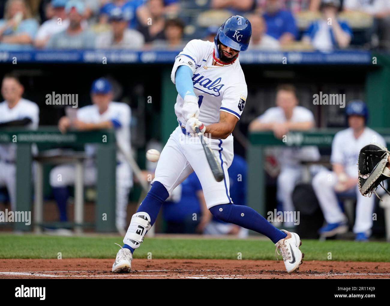 MAY 10, 2023: Kansas City Royals right fielder MJ Melendez (1) hits a single in the first inning ...