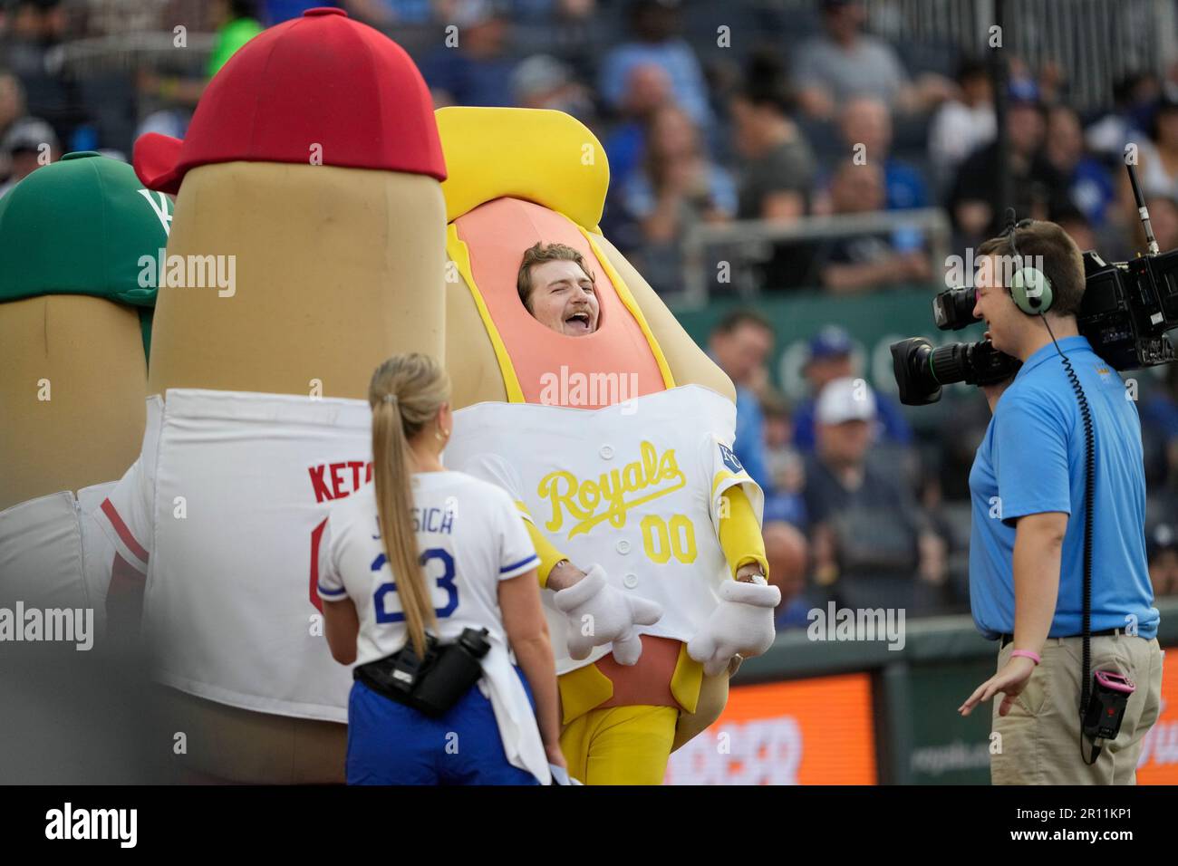 MAY 10, 2023: Mustard celebrates the win at Kauffman Stadium Kansas ...