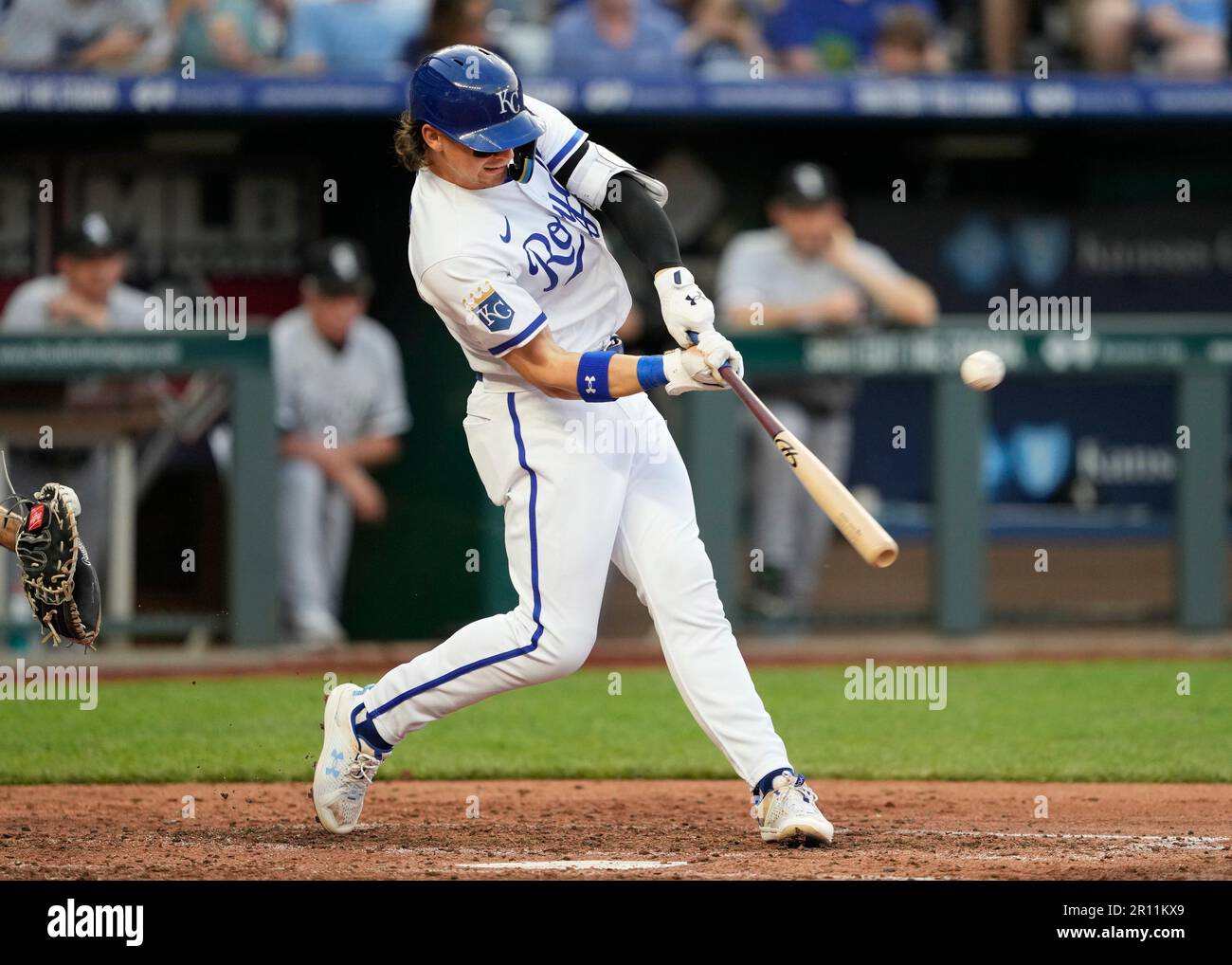 MAY 10, 2023: Kansas City Royals shortstop Bobby Witt Jr. (7) drives a ...