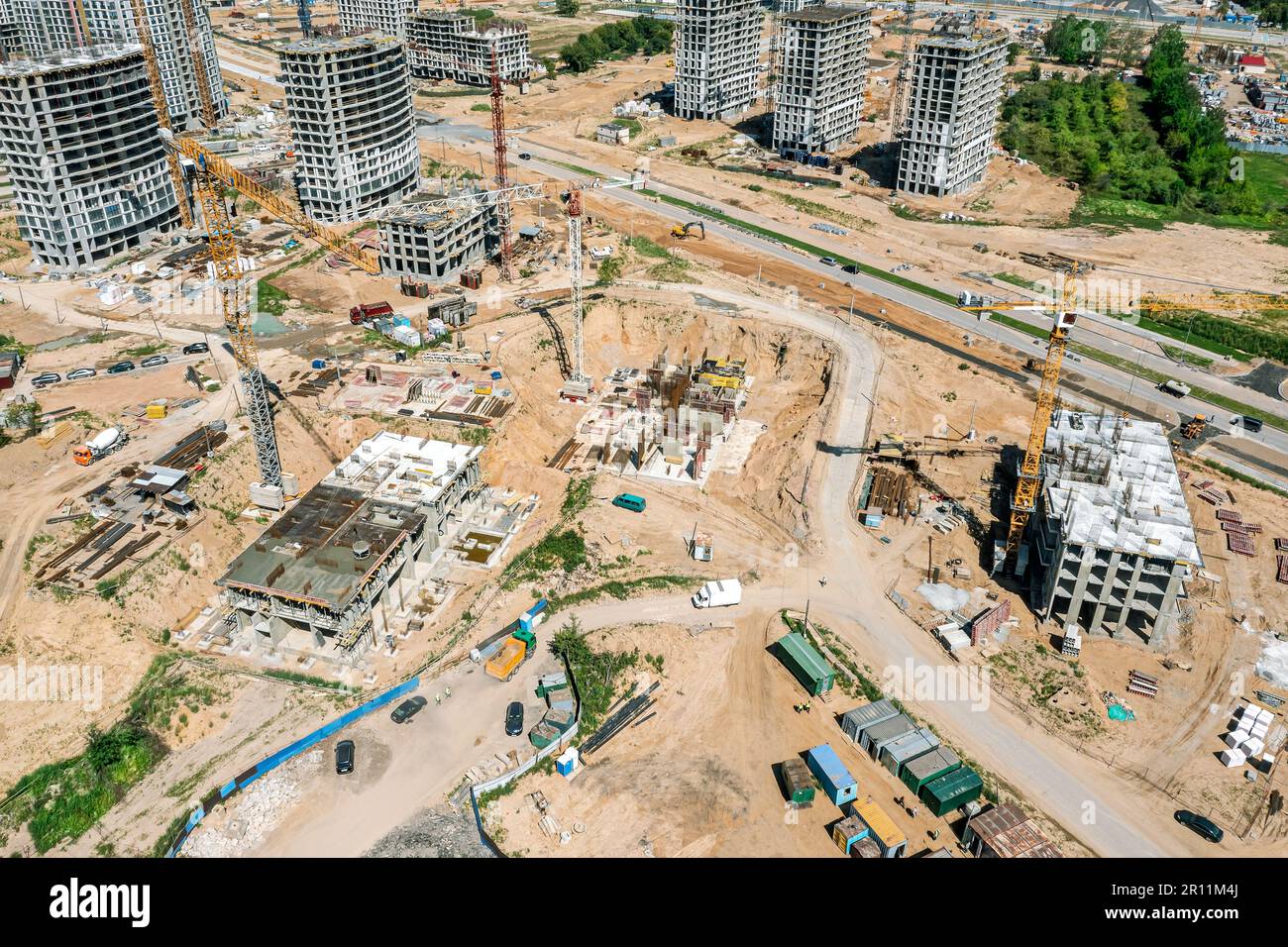 aerial view of buildings under construction on big urban construction ...