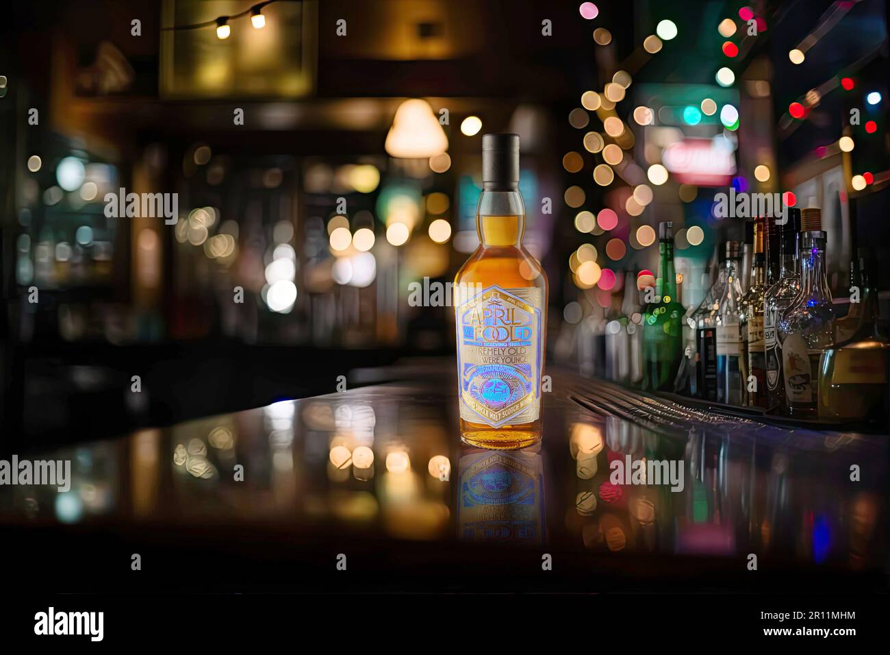 Whiskey bottle on Bar counter in the restaurant bar is out of focus ...