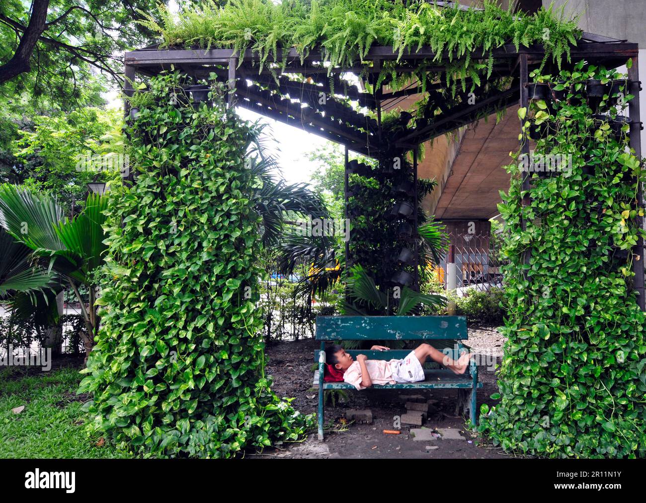 A Thai boy resting on a bench in a small park on Sukhumvit Road in ...