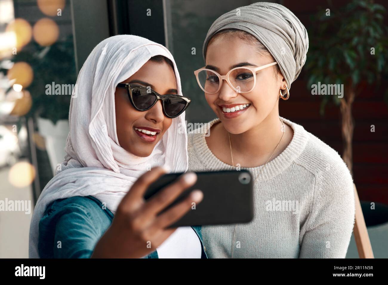 Selfie, muslim women and friends smile in city for social media ...