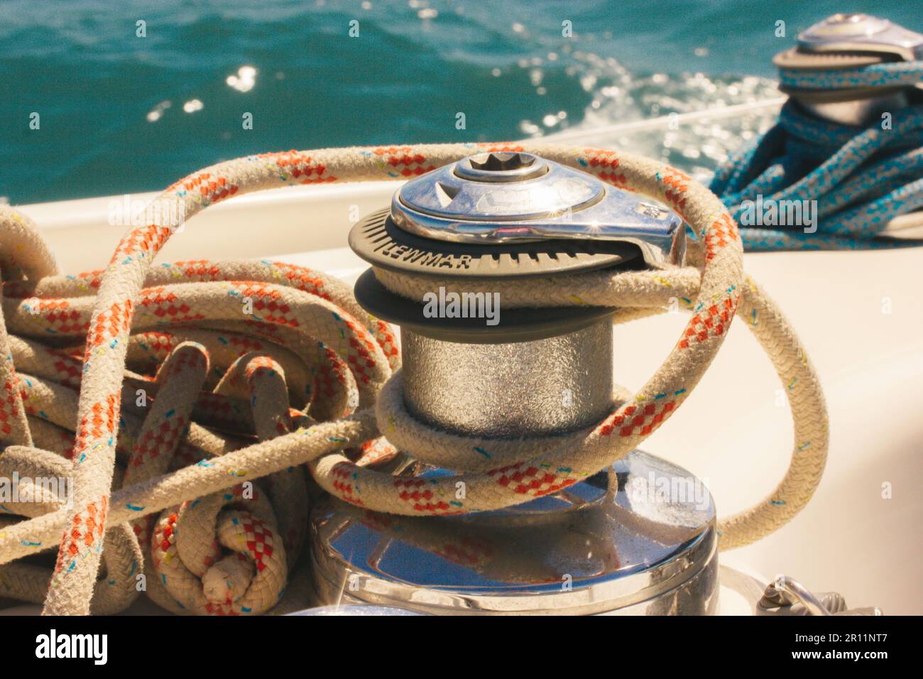 Anchor winch for boats blue rope ropes on the ocean background. Sea ...