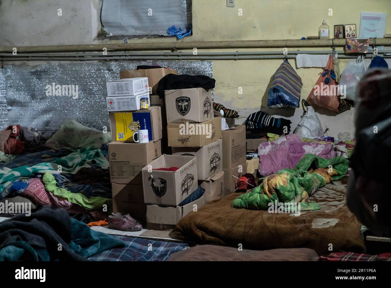 Ukraine. 09th May, 2023. Living quarters in the basement of destroyed ...