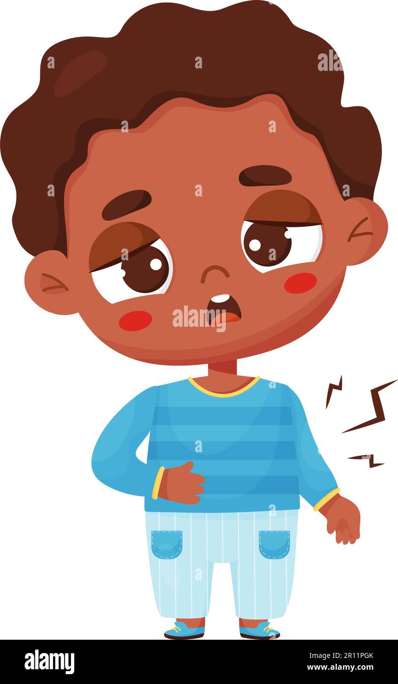 Suffering sick black ethnic boy. Keeps hand on belly. Vector ...