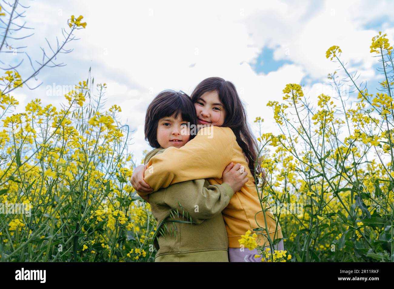 two sisters hugging each other in the field with yellow flowers Stock ...