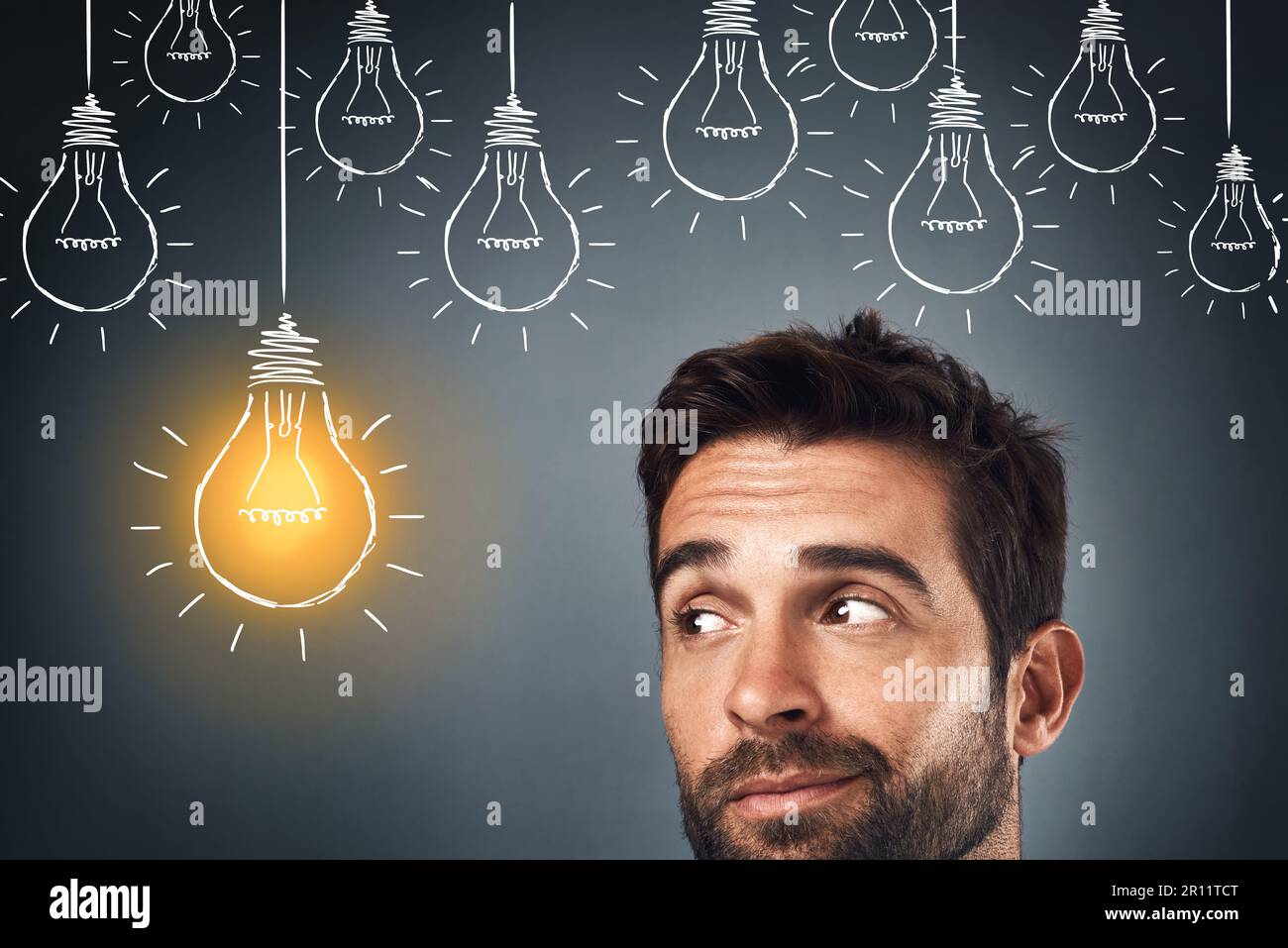 Lightbulb, man or thinking of ideas, vision or goals of innovation in ...