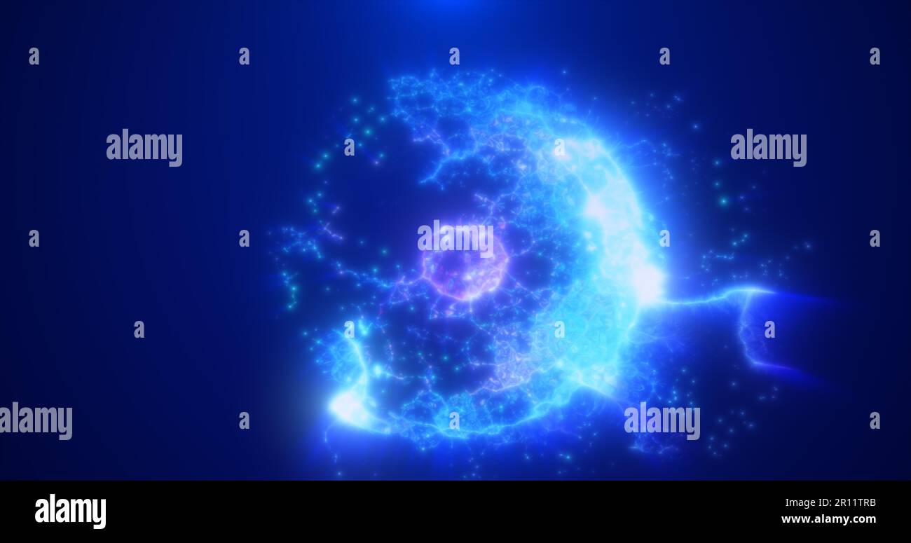 Abstract round blue and purple sphere made of flying particles glowing ...