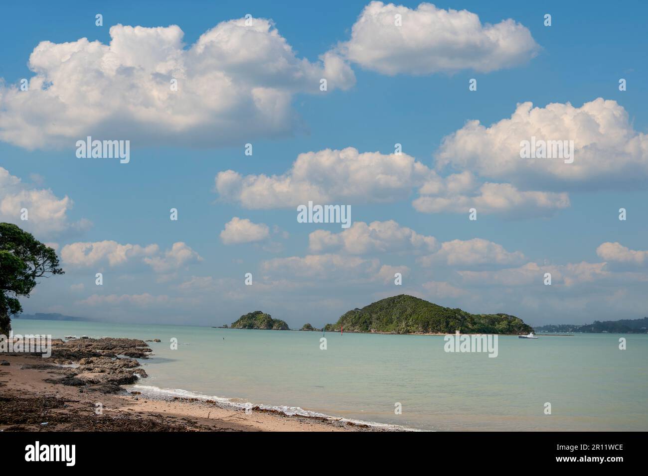 Paihia waterfront landscape view across harbour to bush clad island ...
