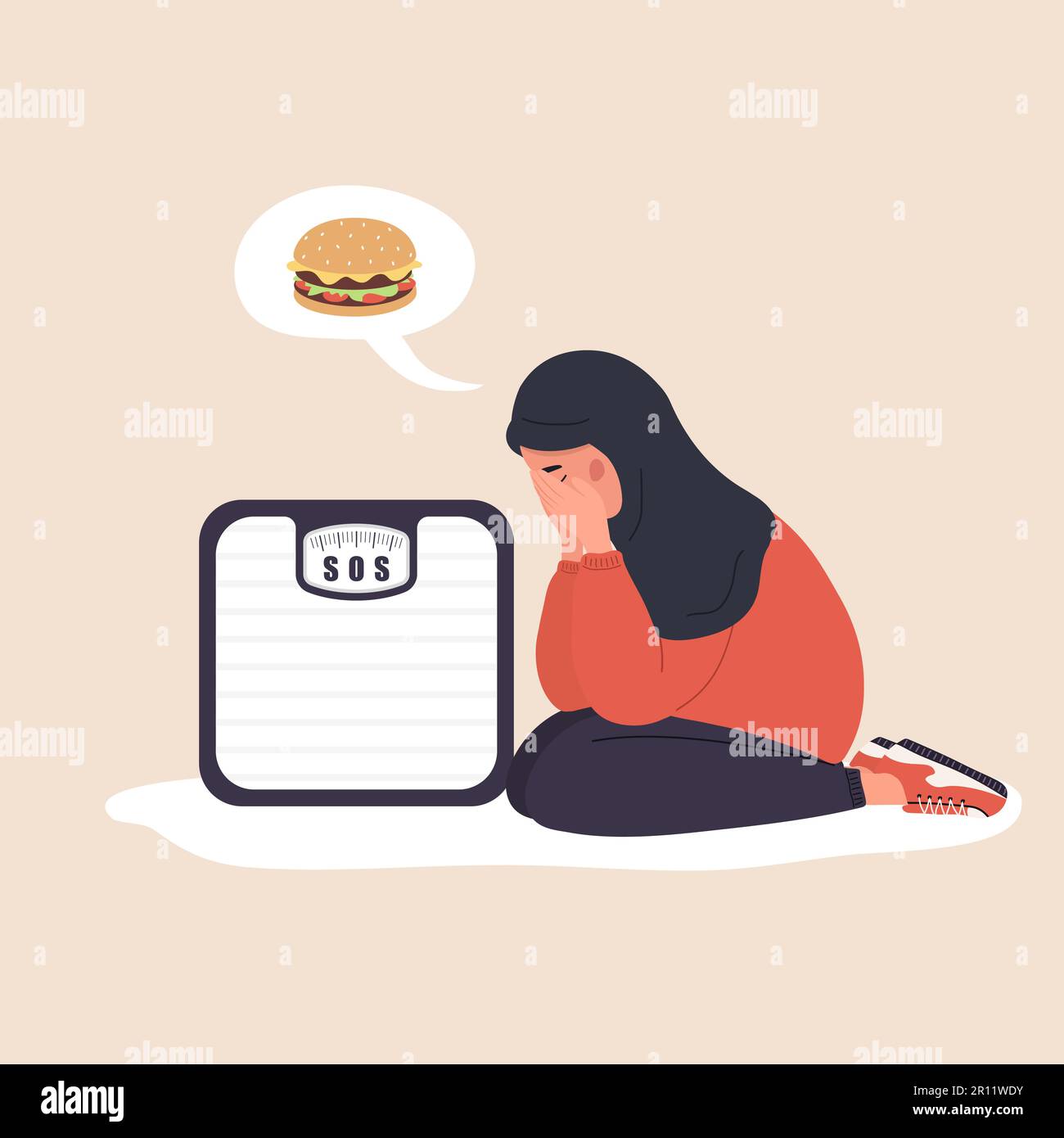 Food addiction concept. Eating disorder. Sad arabian woman sitting on ...