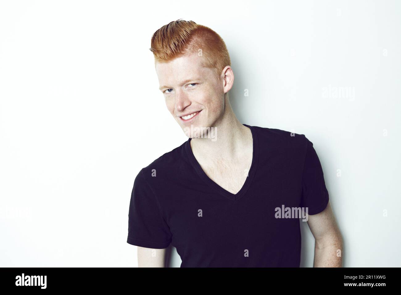 Smile, ginger and portrait of a man with style isolated on a white ...