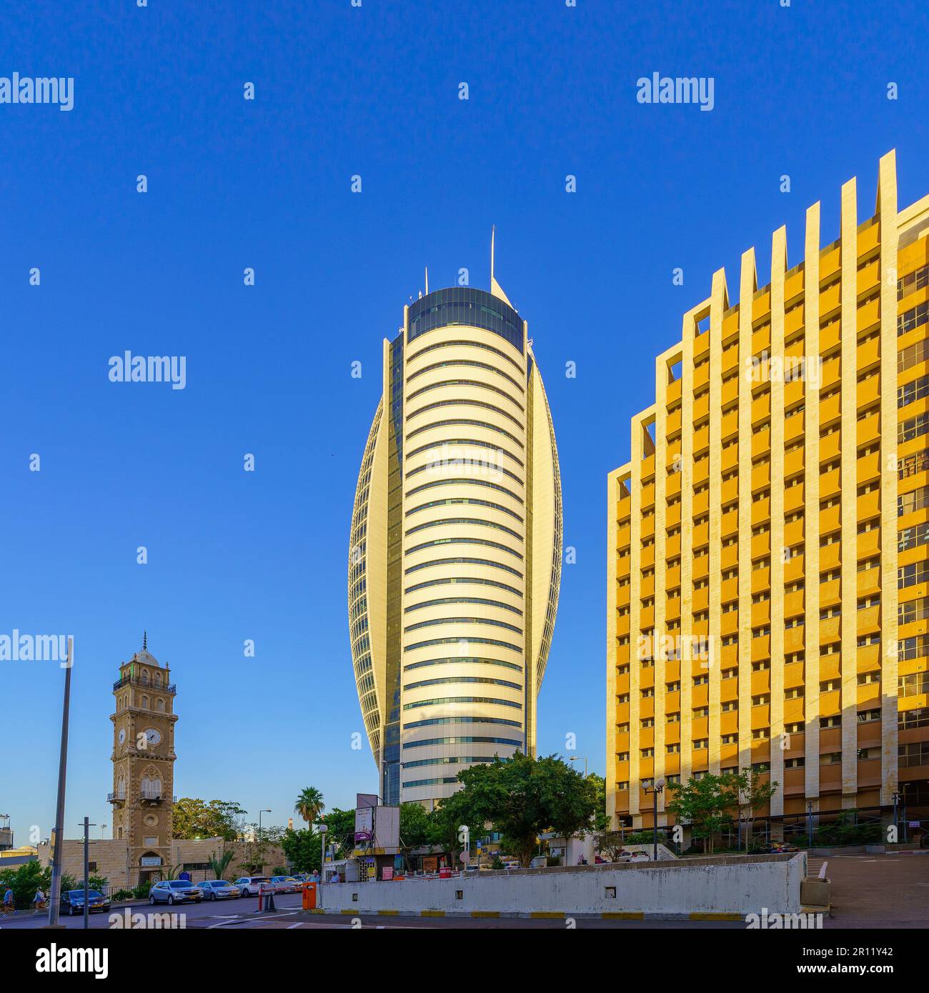 Haifa, Israel - May 04, 2023: View of the Minaret and clock tower of ...