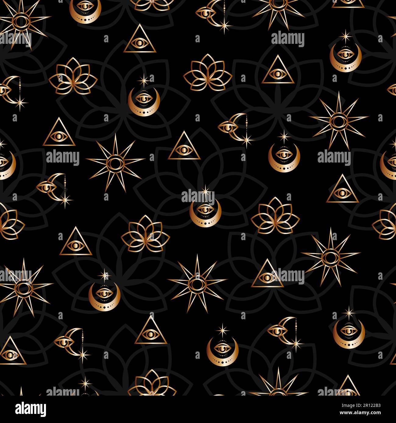Golden esoteric symbols on a black background seamless pattern. Moon ...