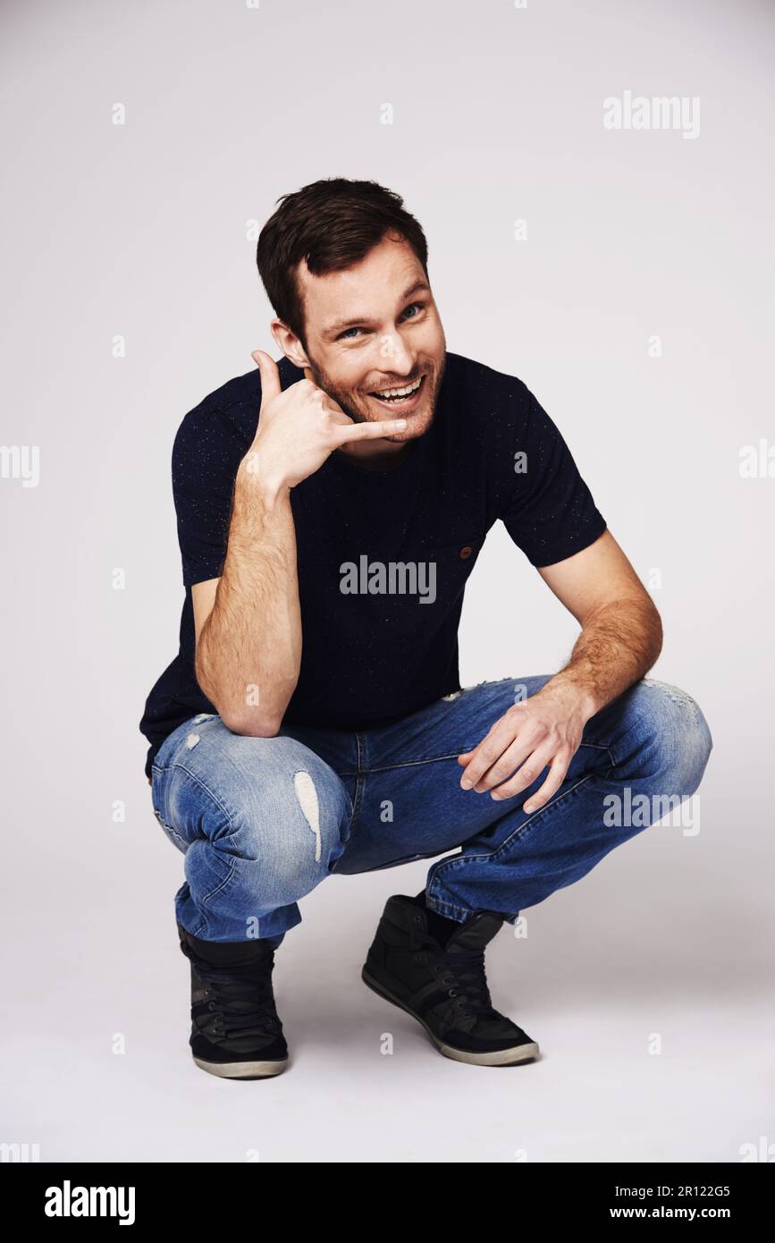 Man, portrait and call me hand sign of a person with flirty and emoji ...