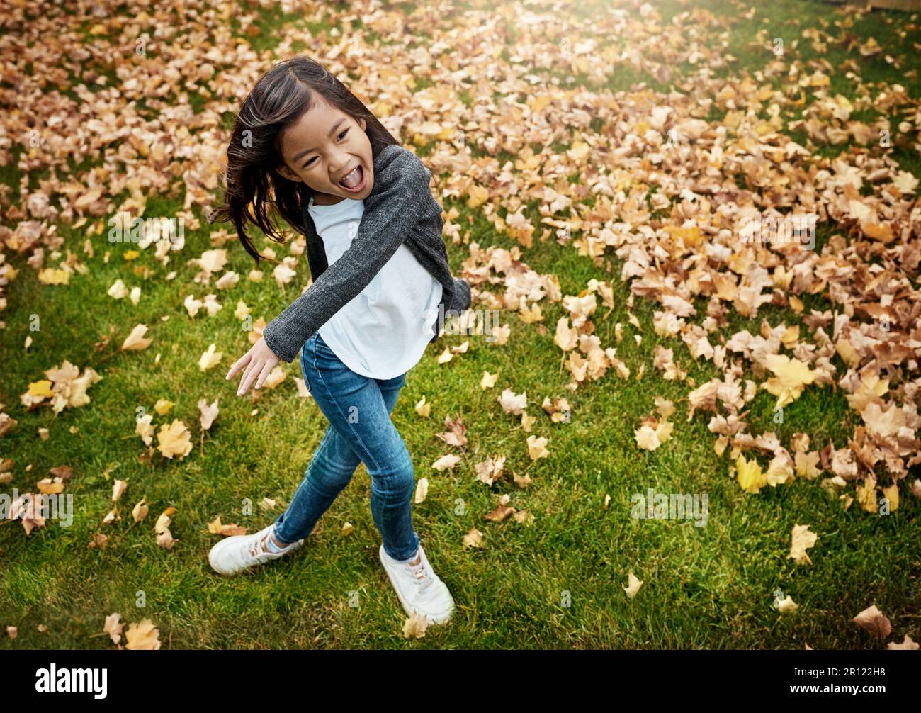 Hip hip hooray Its a lovely autumn day. an adorable little girl enjoying an autumn day outdoors ...