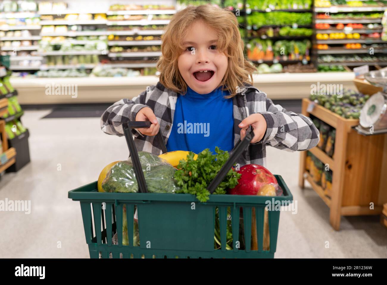 Shopping, discount, sale concept. Kid boy with shopping basket. Child ...