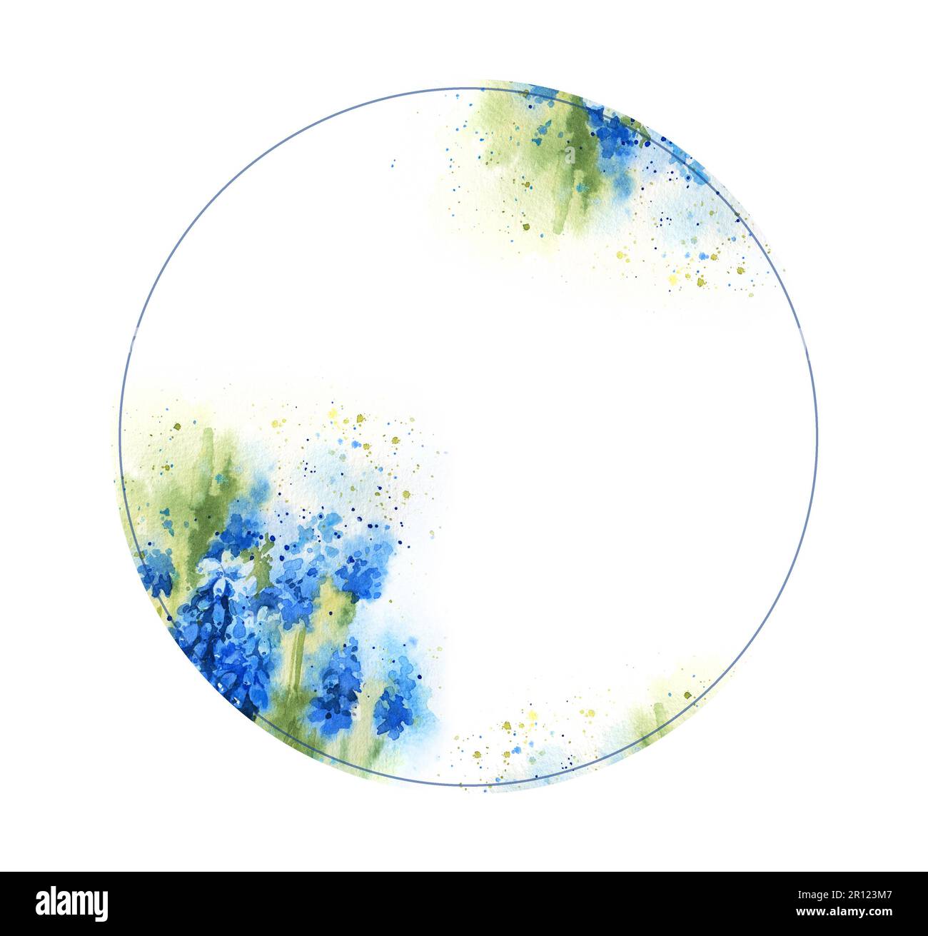 Watercolour round frame with blue hyacinths, banner with spring flowers ...