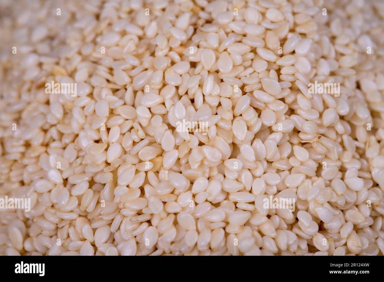 Heap of white sesame seeds. Top view organic sesame heap Stock Photo ...