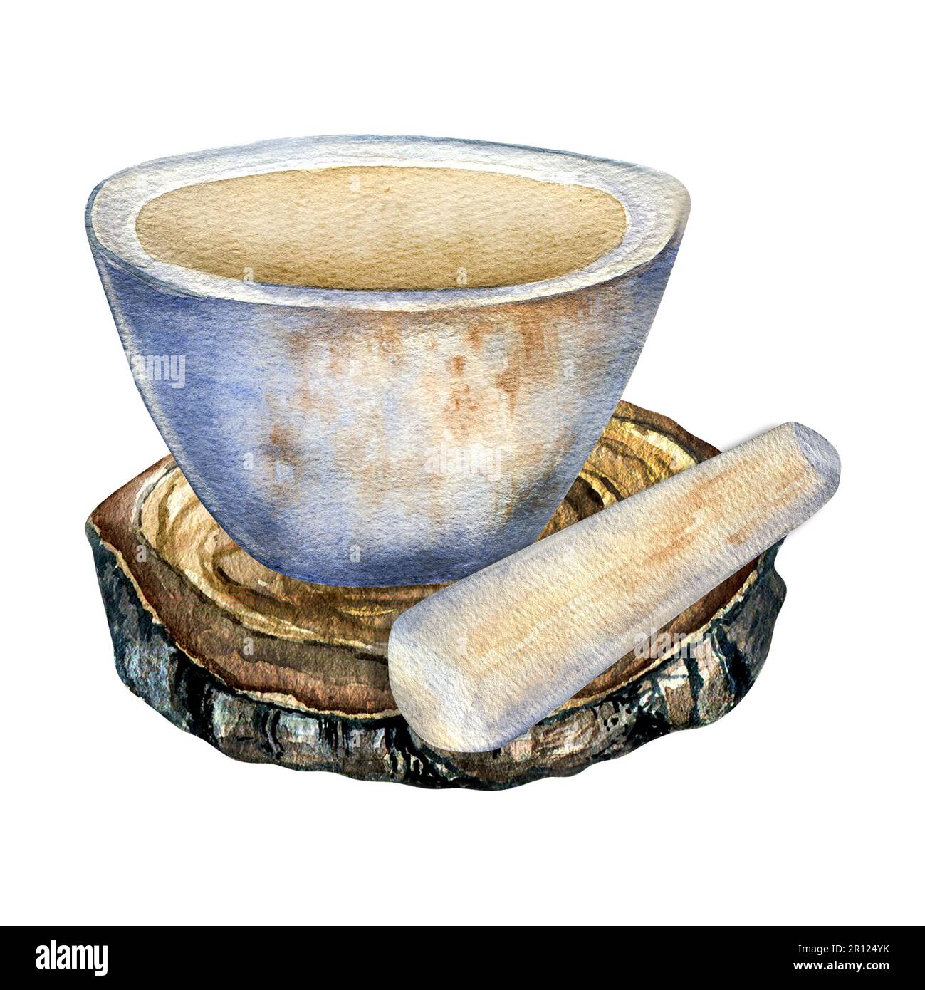 Stone mortar and pestle on wooden stand watercolor illustration ...