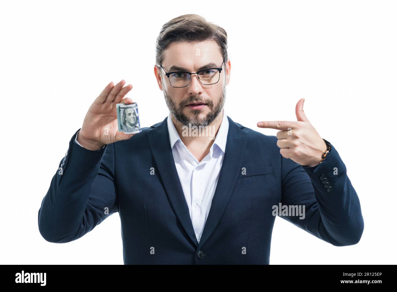Man with money cash. Dollar banknotes. Portrait of businessman holding ...