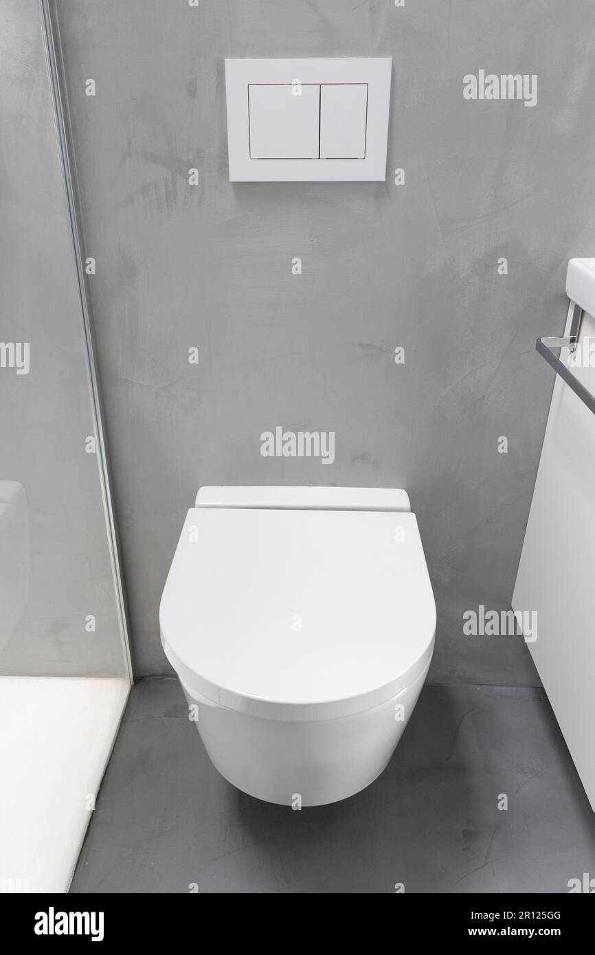 A wall mounted toilet of a home bathroom with push button flush Stock ...