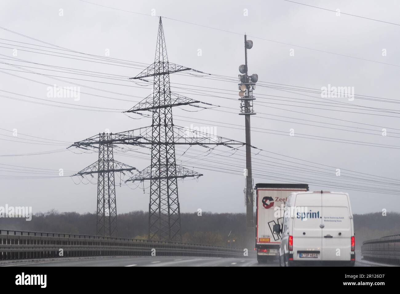 High voltage power lines over Bundesautobahn 2 in North Rhine ...