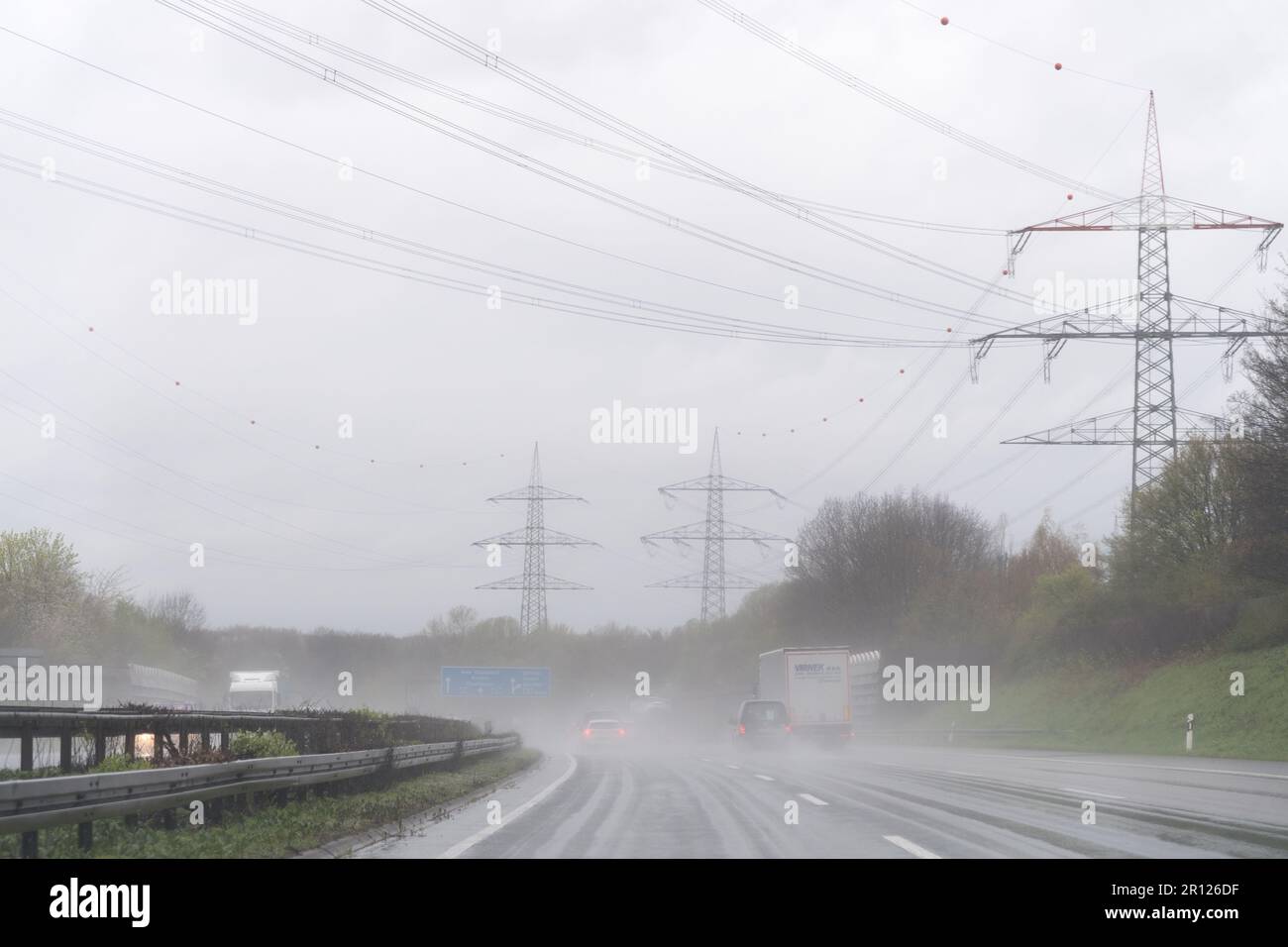 High voltage power lines over Bundesautobahn 2 in North Rhine ...