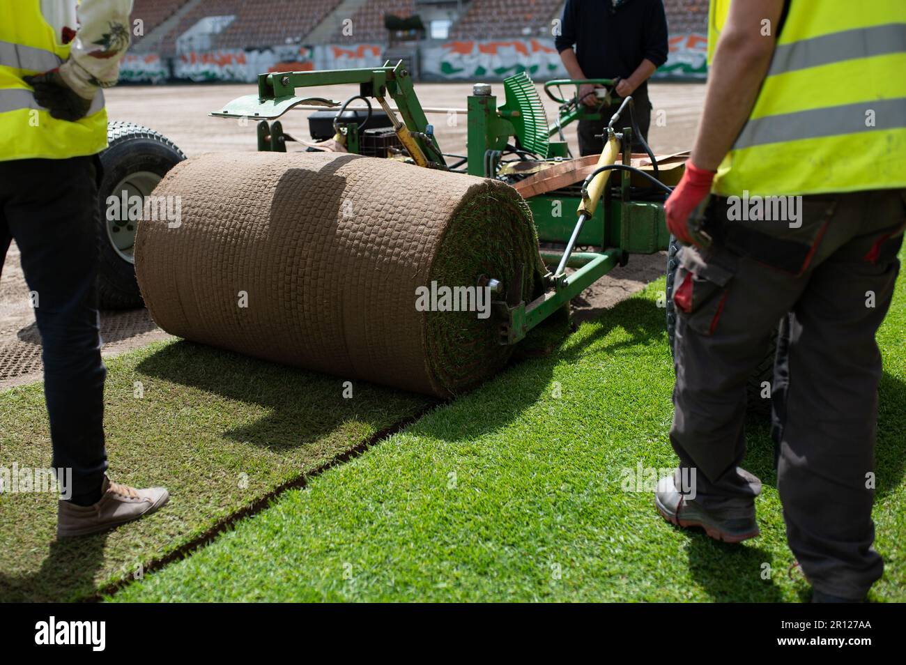 Workers laying grass in a roll on a professional football field Stock ...